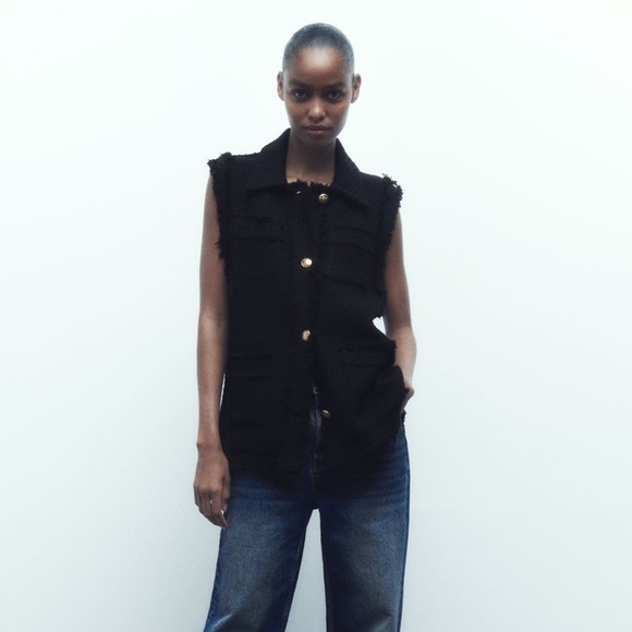 Zara | Jackets & Coats | Zara Black Frayed Trim Structured Vest With ...